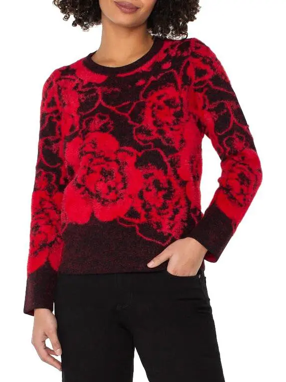 LIVERPOOL Fuzzy Floral Pullover Sweater - Black /red Floral
