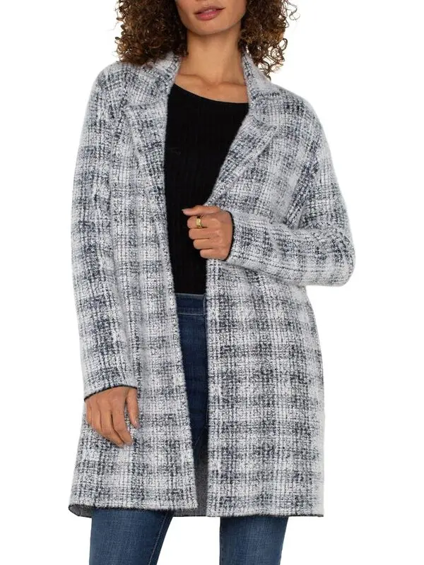 LIVERPOOL Long Open Front Jacket - Grey/white Plaid