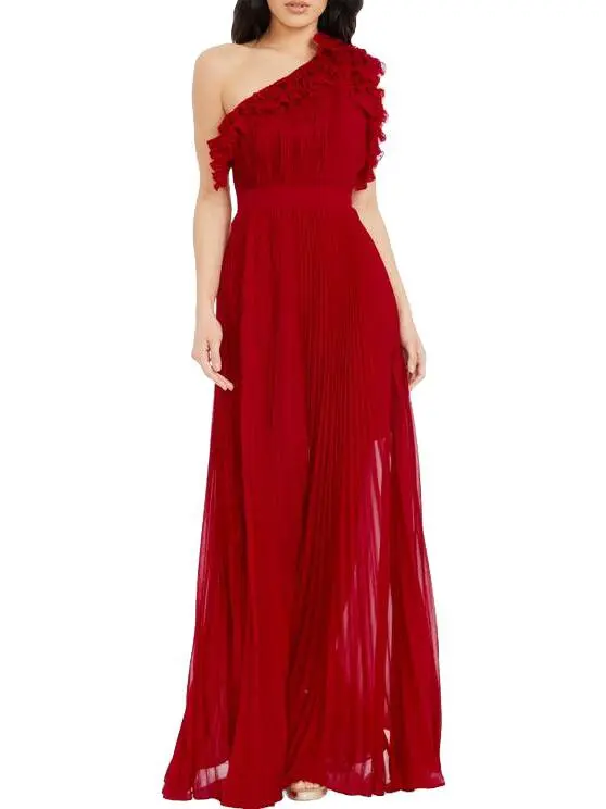 Dress The Population Vida One-shoulder Pleated Chiffon Gown - Garnet