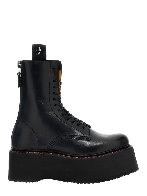 R13 Double Stack Leather Combat Boots With Platform Sole And Back Zip - Black