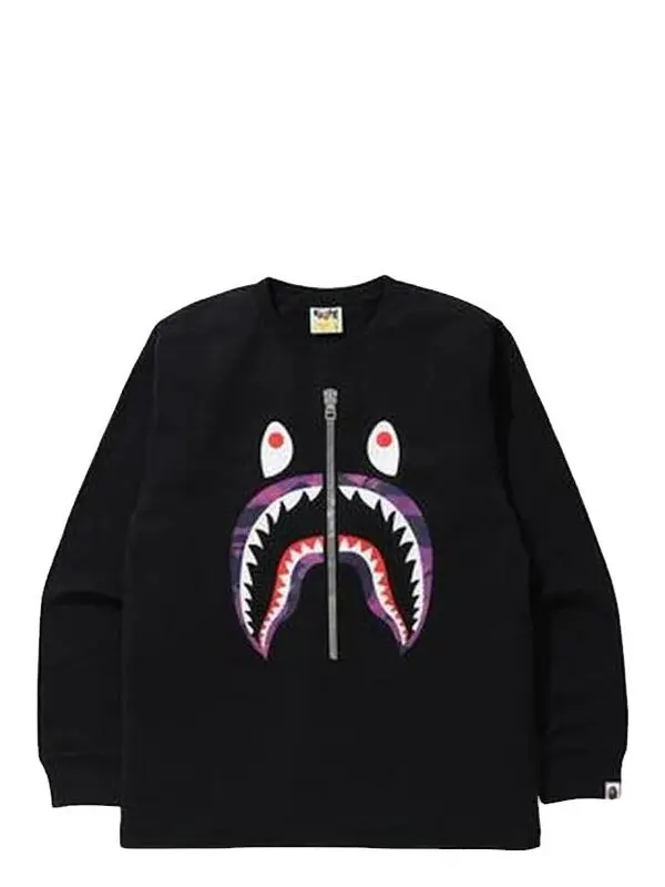 A BATHING APE Camo Shark Long Sleeve Tee Shirt - Black/purple