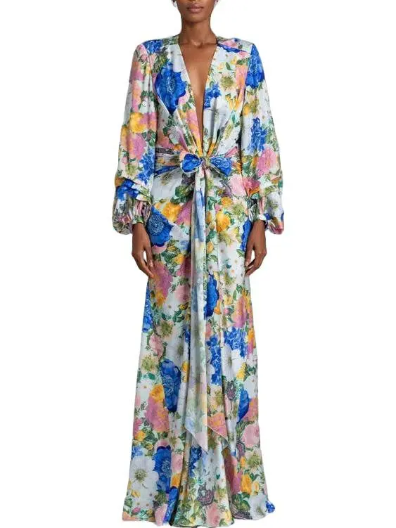 GHRAIL Millie Tie Belt Long Sleeve Satin Gown - Floral