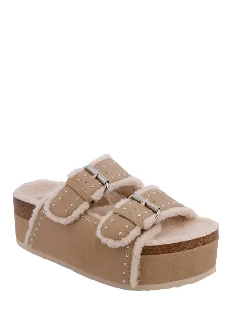 Mia Faux Shearling Platform Slides - Sand