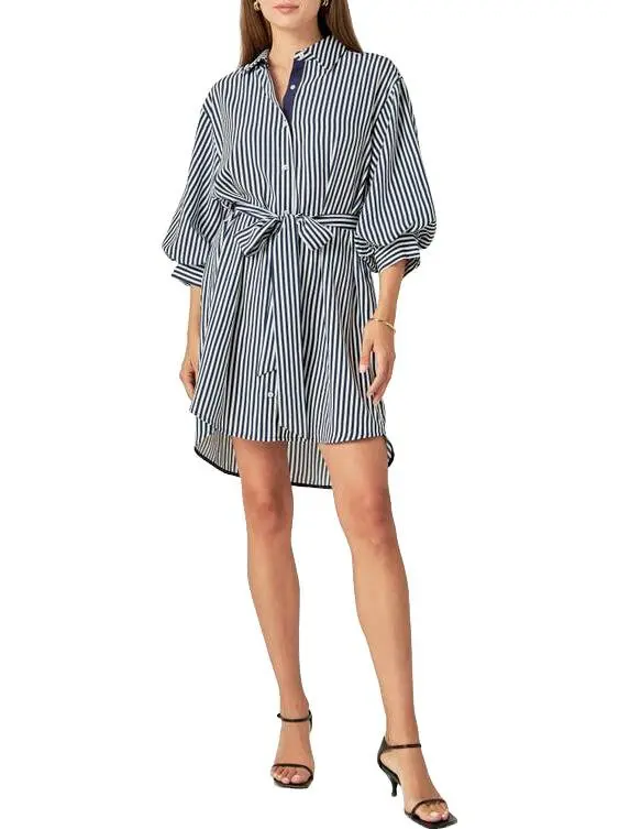 English Factory Stripe Belted Shirt Dress - White/ Navy