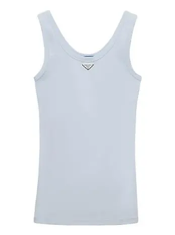 Prada Ribbed Knit Top With Enamelled Logo - Light Blue