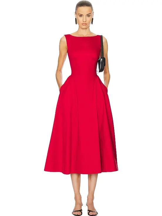 HELSA Stretch Cotton Sateen Midi Dress - Red