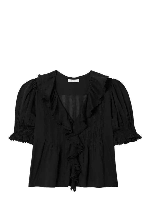 DÔEN Henri Ruffled Pintucked Organic Cotton-voile Top - Black