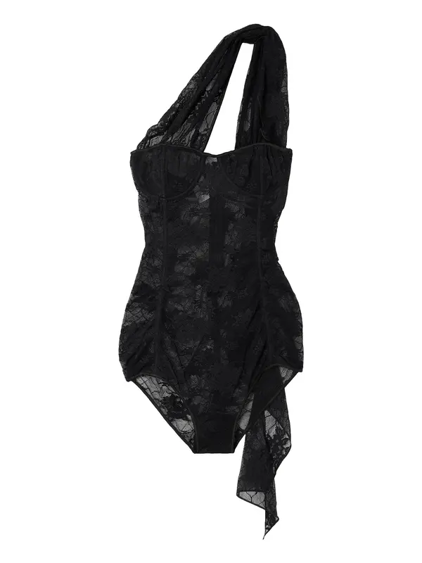 Oseree One-shoulder Lace Bodysuit - Black