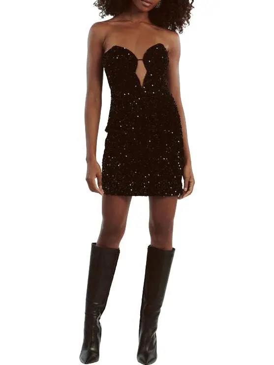Bardot Eleni Sequin Plunge Neck Strapless Velvet Minidress - Black Sequin