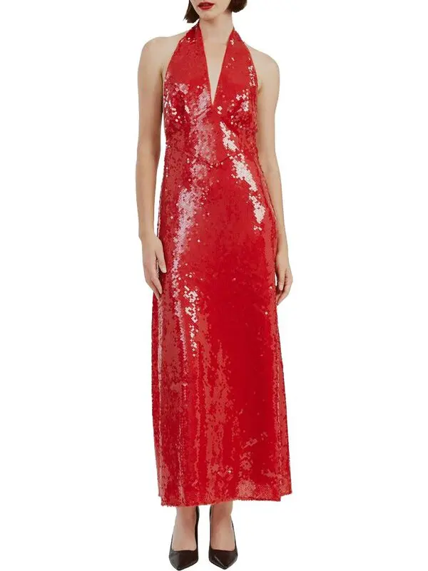 Bardot Freja Sequin Halter Maxi Dress - Deep Red