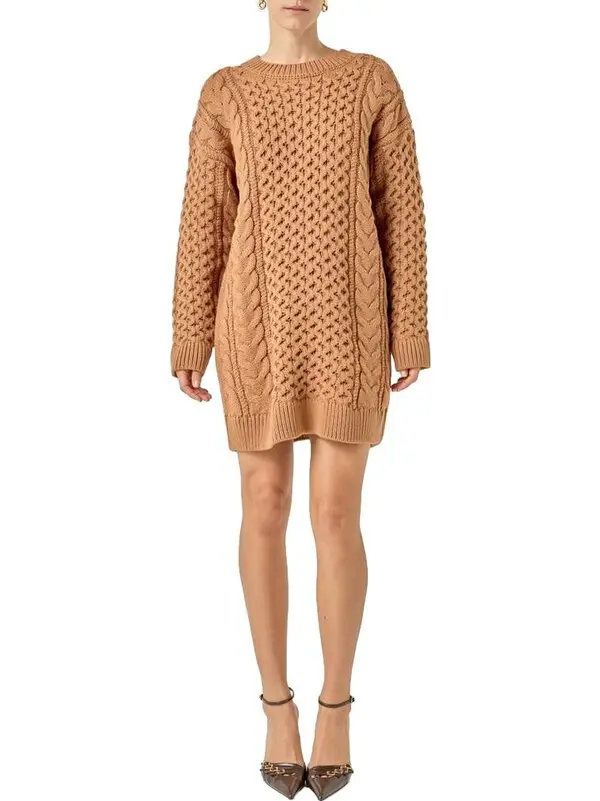 English Factory Cable Stitch Sweater Dress - Camel