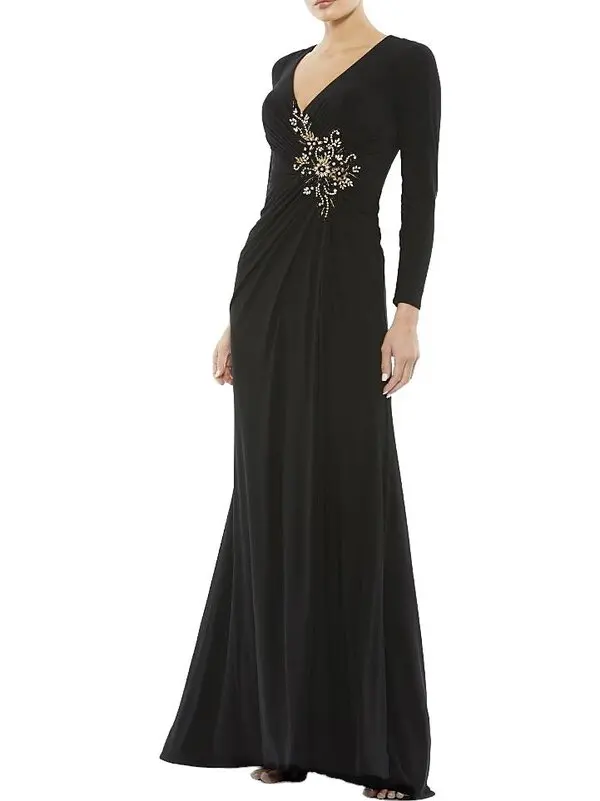 Mac Duggal Faux Wrap Long Sleeve Gown With Applique Detail - Black