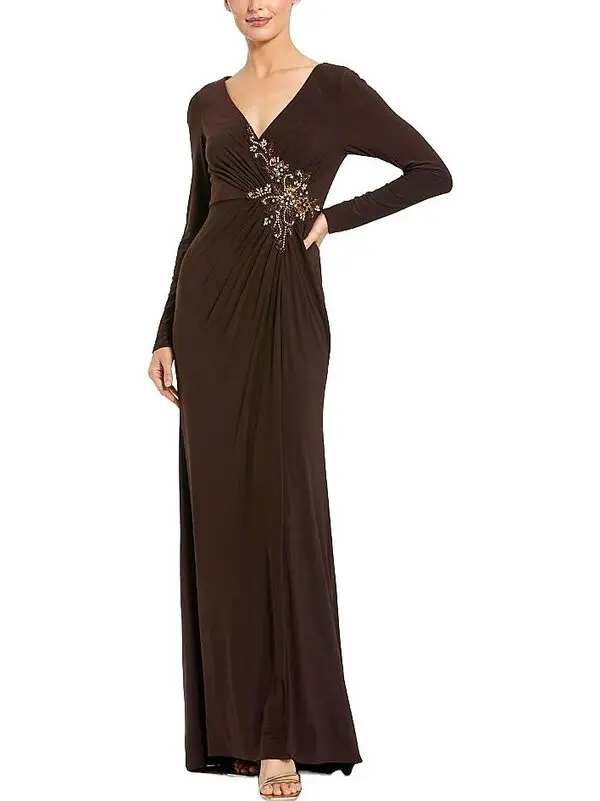 Mac Duggal Faux Wrap Long Sleeve Gown With Applique Detail - Chocolate