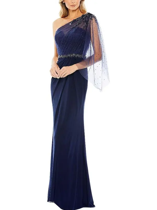 Mac Duggal Embellished One Shoulder Draped Gown - Navy