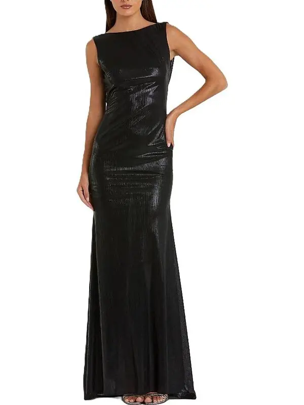 Mac Duggal Metallic Cowl Back Column Gown - Black