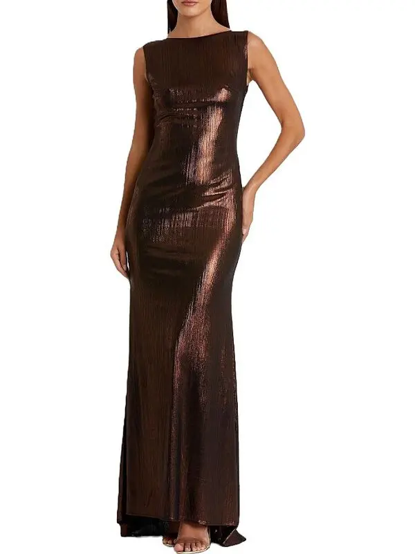 Mac Duggal Metallic Cowl Back Column Gown - Espresso
