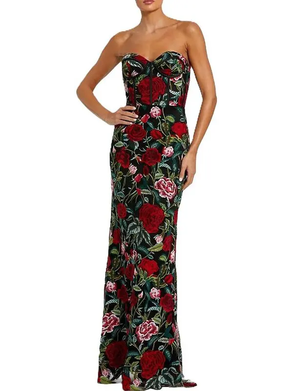 Mac Duggal Sheer Bustier Floral Applique Gown - Black Multi