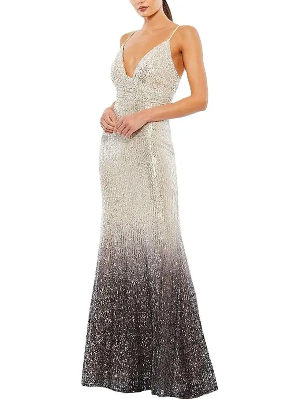 Mac Duggal Plunge Neck Ombre Sequin Gown - Charcoal