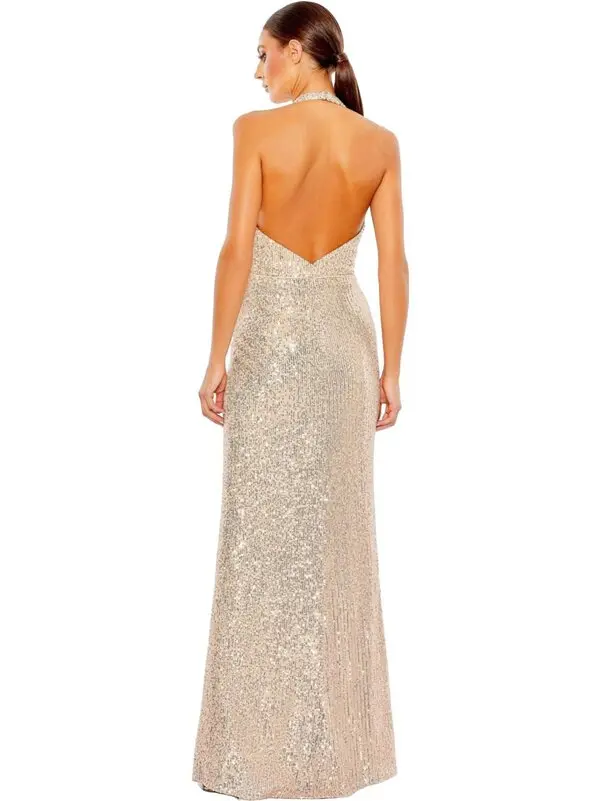 Mac Duggal Ieena Collection Sequin Halter Gown - Rose Gold