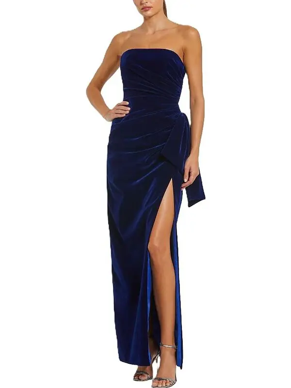 Mac Duggal Strapless High Slit Draped Velvet Gown - Cobalt