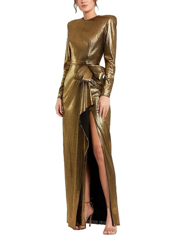 Mac Duggal Metallic Jersey Gown With Bow And Slit - Antique Gold