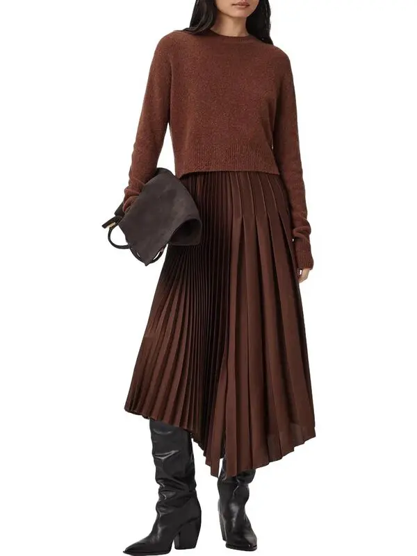 ALLSAINTS Wool-blend Sweater And Pleated Sleeveless Dress - Chestnut Brown
