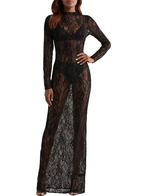 Good American Sheer Lace Long Sleeve Stretch Gown - Black001