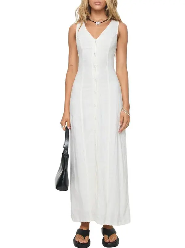 Princess Polly Button Front Linen Blend Maxi Dress - White