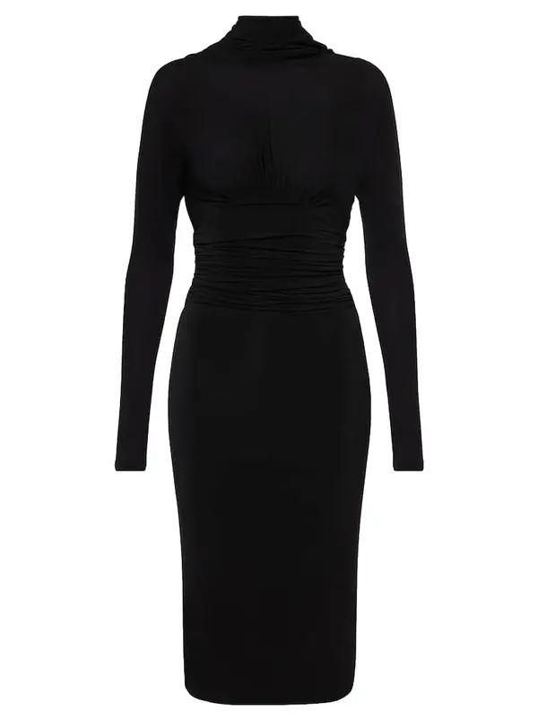 Saint Laurent Gathered Jersey Midi Dress - Black
