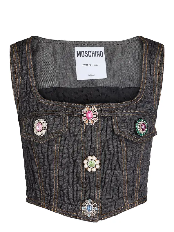 Moschino Cropped Crystal-embellished Denim Top - Dark Denim