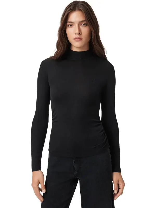 ALLSAINTS Rina Long Sleeve Roll Neck T-shirt With Ramskull Embroidery - Black