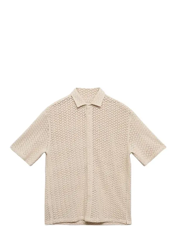 Mango Openwork Knit Short Sleeve Button-up Shirt - Sand