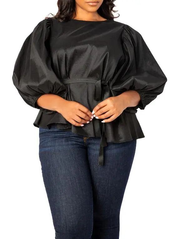 BUXOM COUTURE Tie Waist Taffeta Peplum Top - Black