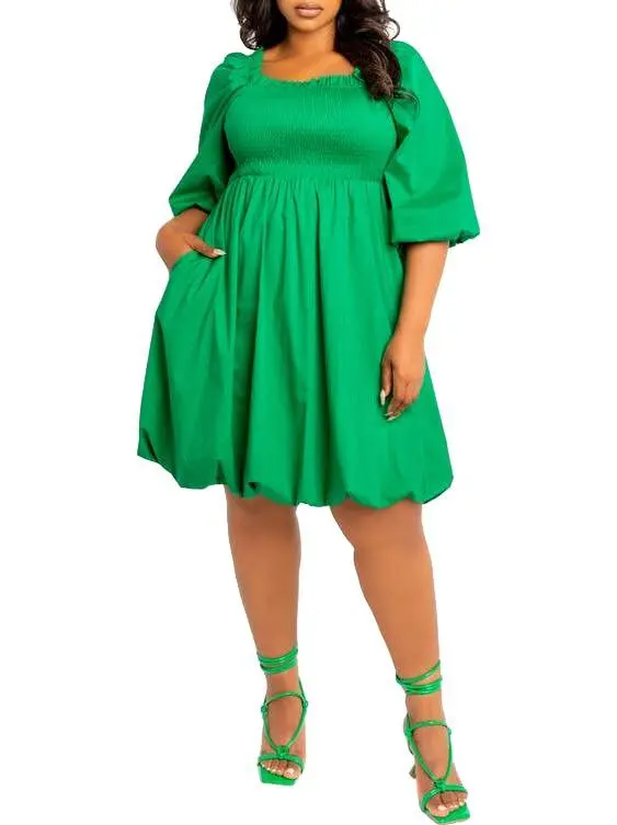 BUXOM COUTURE Smocked Puff Sleeve Cotton-blend Dress - Green