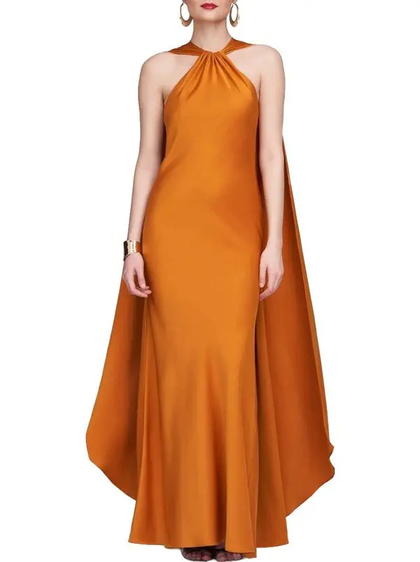 Halston Reta Satin Halter Neck Gown - Hot Mustard