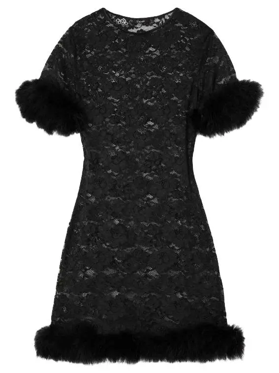 Oseree Feather-trimmed Corded Lace Mini Dress - Black