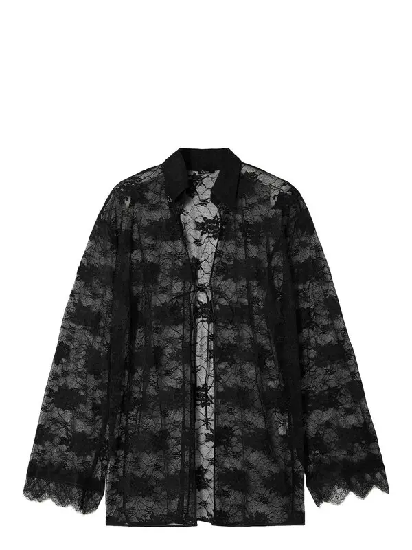 Oseree Satin-trimmed Scalloped Lace Shirt - Black