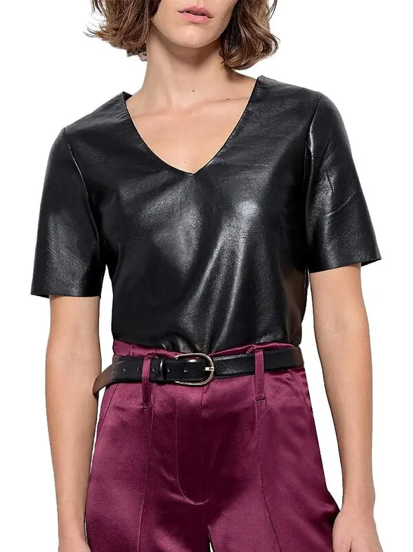 AS By DF Felicity Recycled Leather V-neck Top - Black