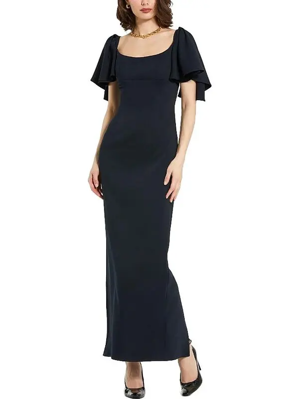 Mac Duggal Crepe Ruffle Sleeve Fitted Maxi Dress - Navy