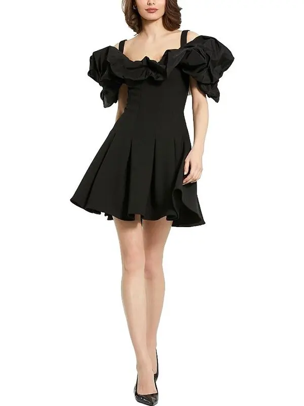 Mac Duggal Crepe Godet Hem Mini Dress With Faille Ruffle - Black