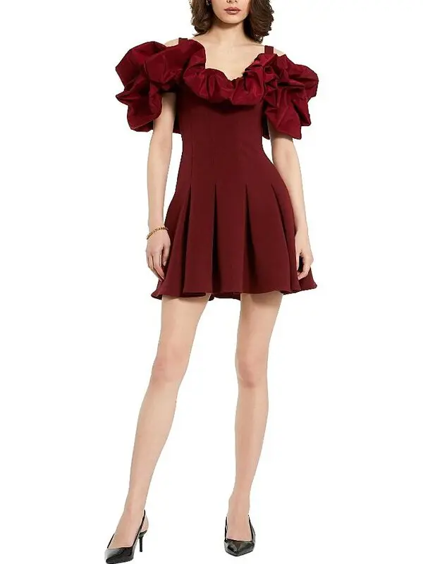 Mac Duggal Crepe Godet Hem Mini Dress With Faille Ruffle - Oxblood