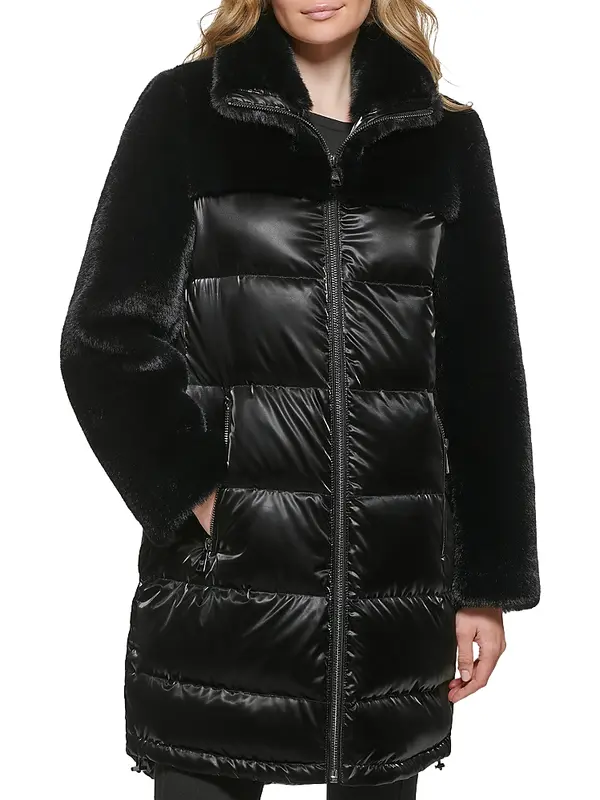 Karl Lagerfeld Paris Mixed Media Puffer Coat - Black