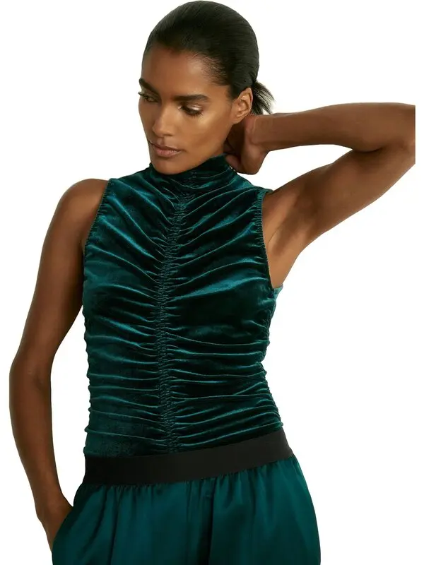 REISS Niva Racer-front Ruched Velvet Top - Teal