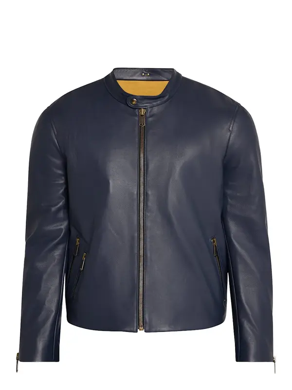 SAVAS Leather Racer Jacket - Navy