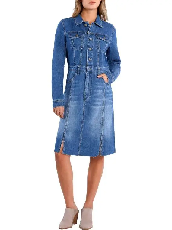 WASH LAB DENIM Sway Raw Hem Long Sleeve Shirt Dress - Graphic Blue