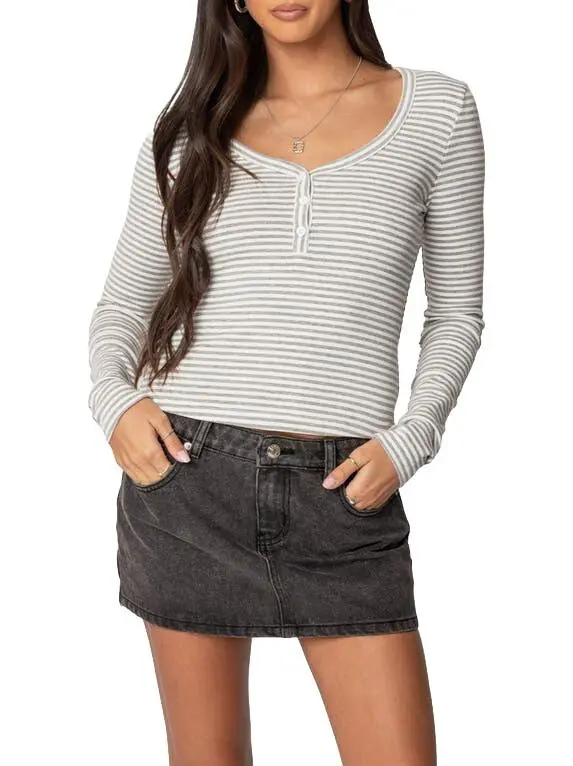 EDIKTED Jocelyn Stripe Stretch Cotton Top - Light-gray