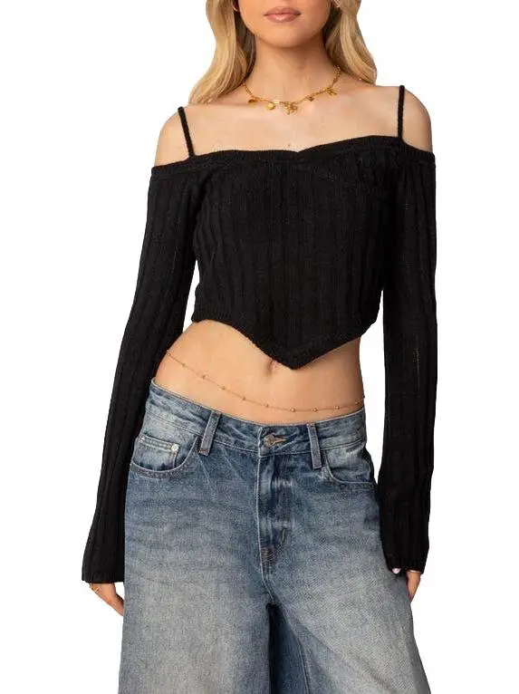 EDIKTED Cold Shoulder Crop Sweater - Black