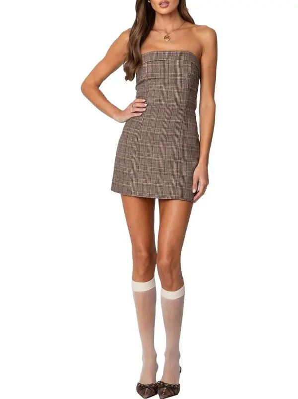 EDIKTED Strapless Plaid Minidress - Brown