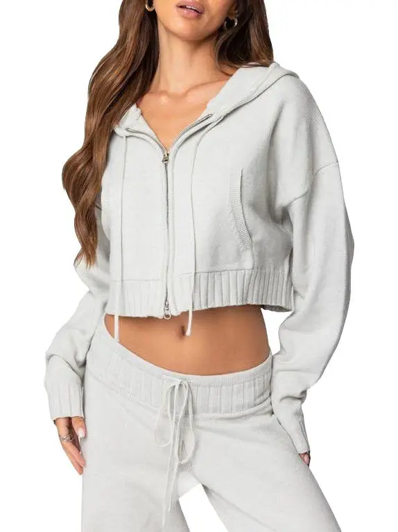 EDIKTED Russell Crop Zip-up Hoodie - Light-gray