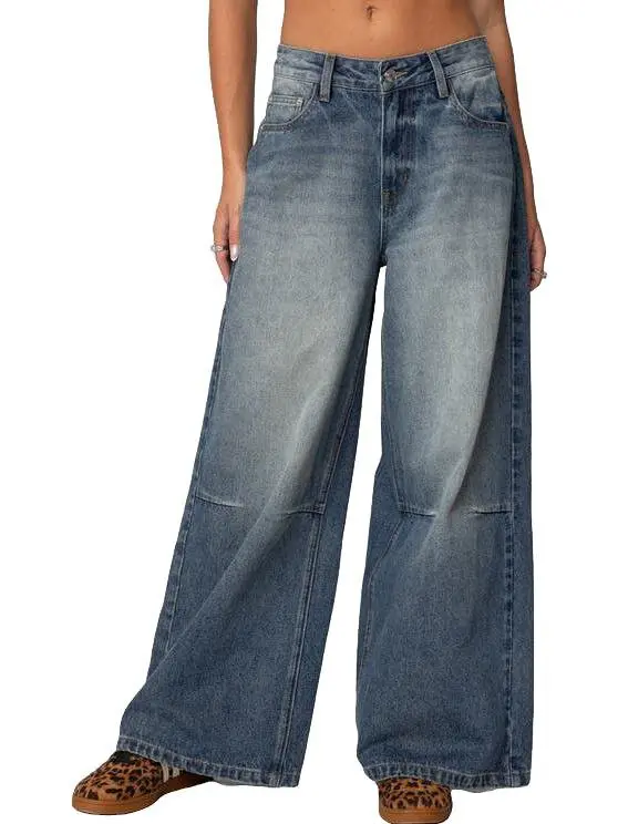 EDIKTED Skater Low Rise Wide Leg Jeans - Blue-washed